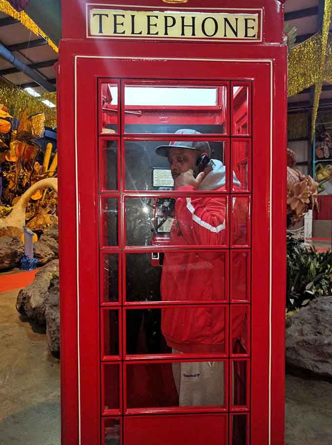 A British phone booth adds whimsy to the visitor center, because even caves need a touch of international flair.