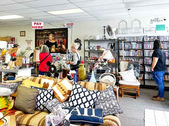 Real shopping happens here, where treasures and everyday necessities mingle. Notice the extensive DVD collection&mdash;physical media lives on!