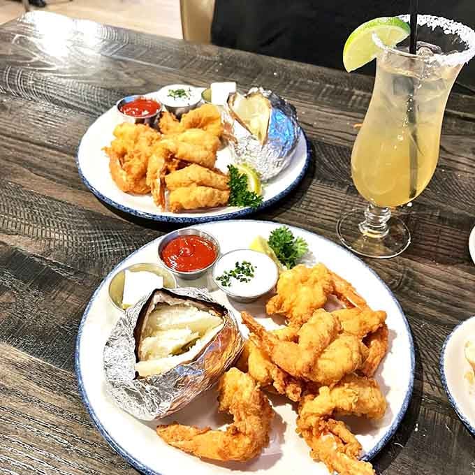 Golden-battered shrimp that crunch like nature's potato chips, with dipping sauces standing by for their supporting role.