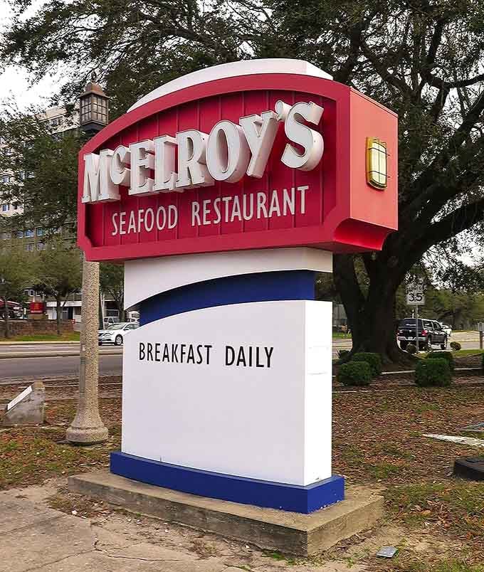 The sign promises seafood AND breakfast daily &ndash; like finding out your favorite band also does acoustic sets in the morning.
