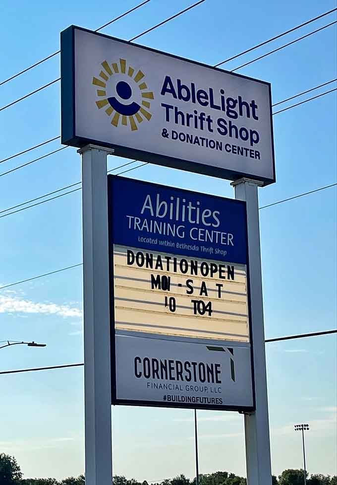 The AbleLight sign proudly announces its dual mission: great deals for shoppers and meaningful support for people with developmental disabilities.