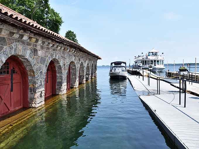 Your boat pulls up to stone arches that dip into the water, like a medieval parking garage.