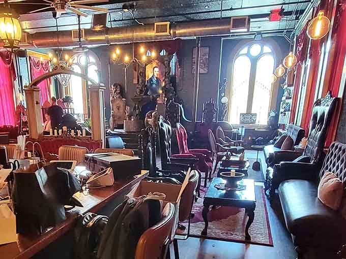 Mismatched vintage furniture creates an eclectic charm that somehow works perfectly together in this unique space.