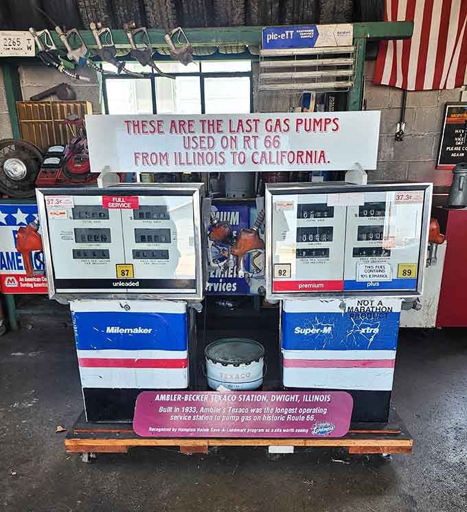 Historic gas pumps that once fueled countless Route 66 adventures now serve as monuments to America's automotive golden age.