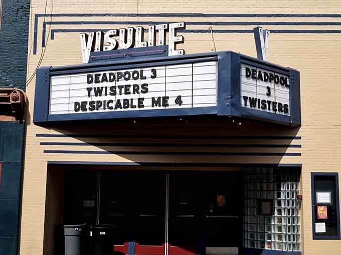 The Visulite Cinema's Art Deco marquee announces films the old-fashioned way, making moviegoing feel special again instead of just transactional.
