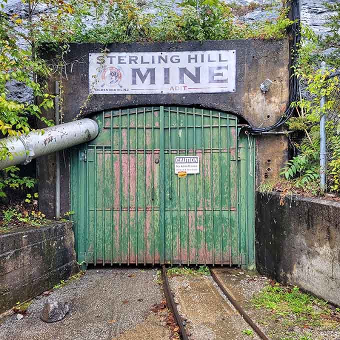 The original mine entrance with its weathered green doors, looking exactly like every adventure movie portal you've ever seen.