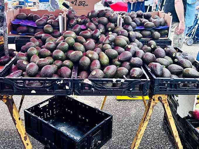 Fresh avocados at a flea market, because why shouldn't your antique shopping trip include ingredients for tonight's guacamole too?