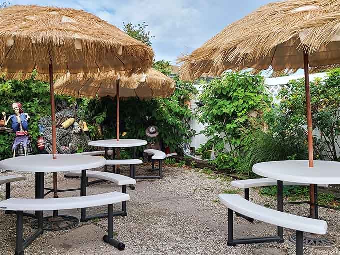 Tiki umbrellas create a tropical oasis where you can pretend you're on vacation while staying right here in West Haven.