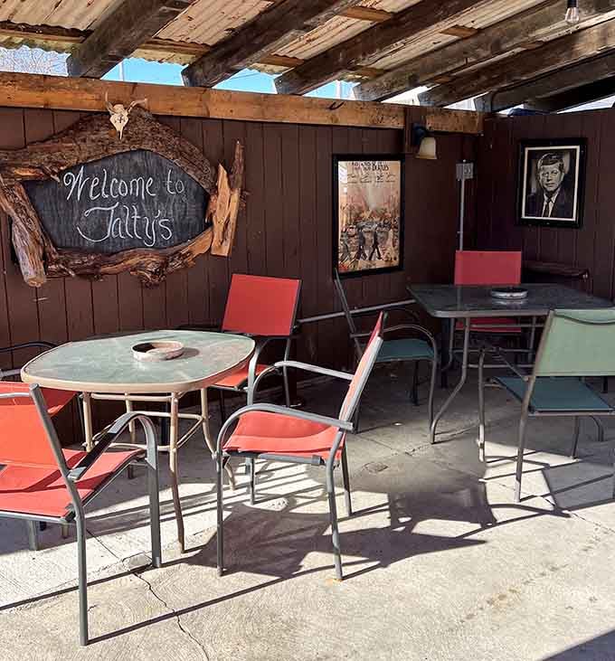 Talty's outdoor seating area invites casual conversation and cold beverages. The rustic charm comes standard; the memories you'll make are priceless.