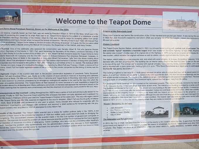 This informational panel explains how a government corruption case inspired someone to build the world's most cheerful gas station.