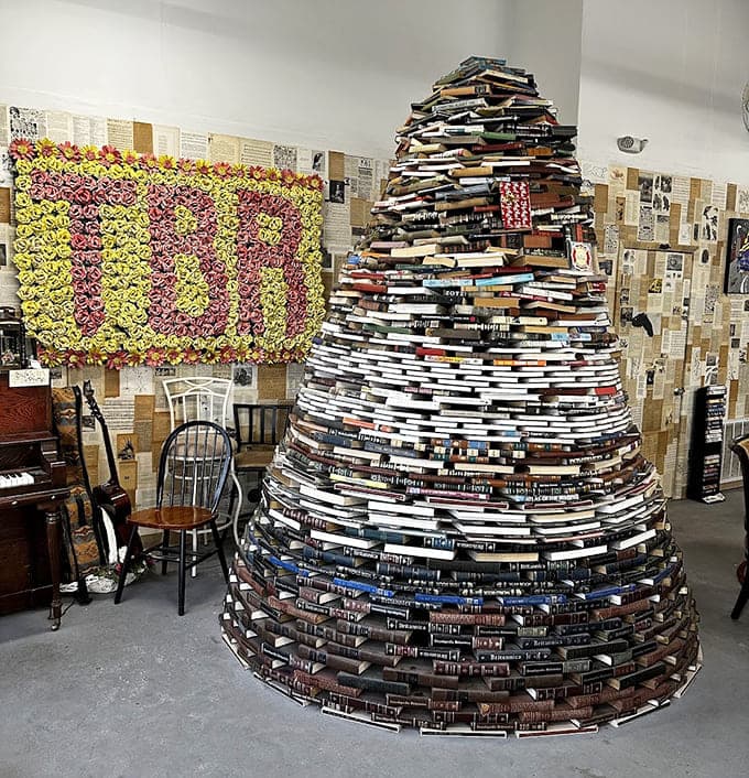 This towering book tree sculpture proves that even damaged volumes can become something magnificent and Instagram-worthy together.