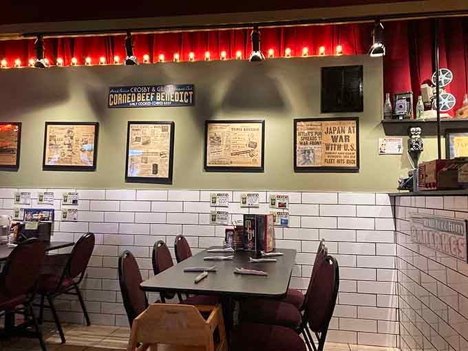 Subway tile and vintage newspapers on the walls—dining rooms don't get more authentically 1940s than this.