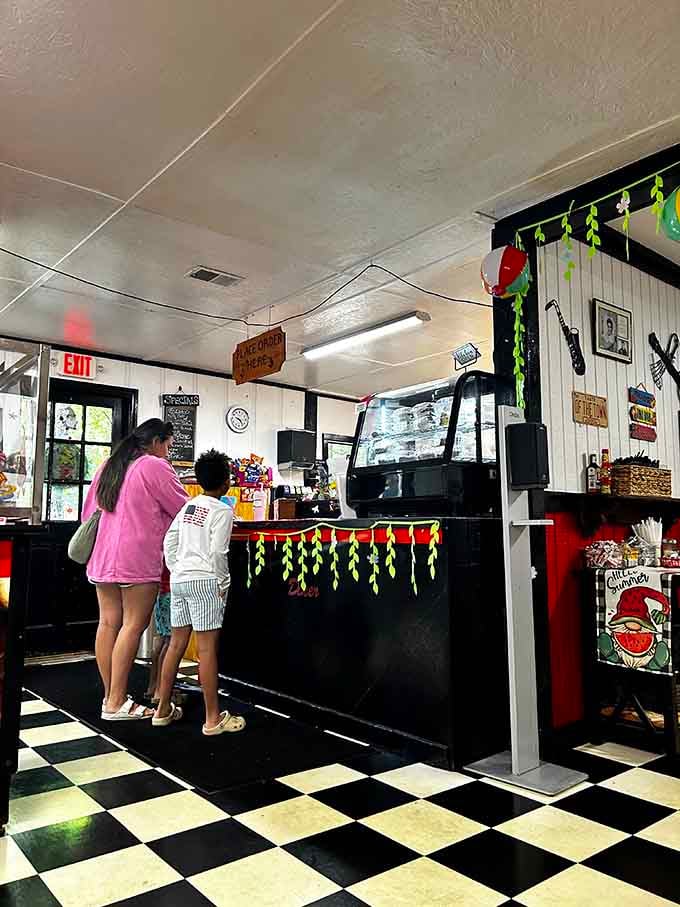 The counter area with its black and white checkered floor brings classic diner style into the modern era.