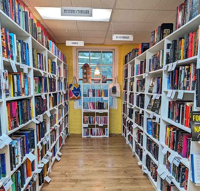 Mystery and thriller sections flanking both sides create a gauntlet of suspense you'll happily walk through repeatedly.