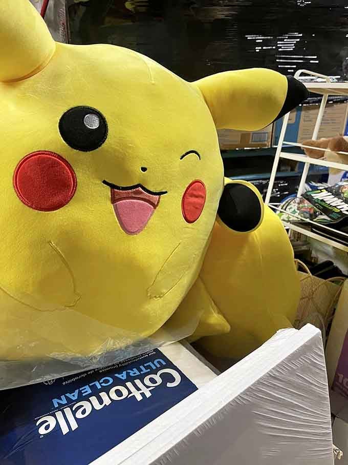 Pikachu's cheerful face reminds us that even cartoon characters appreciate a good bargain on plush toys.