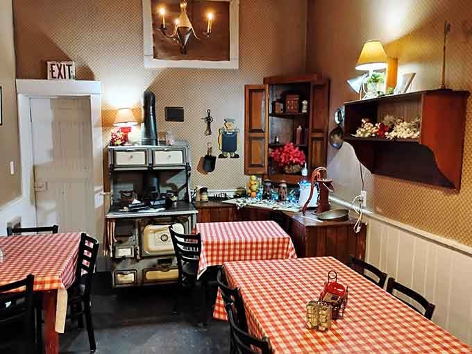 Red gingham tablecloths and vintage decor transport you to a simpler time when meals meant something special.