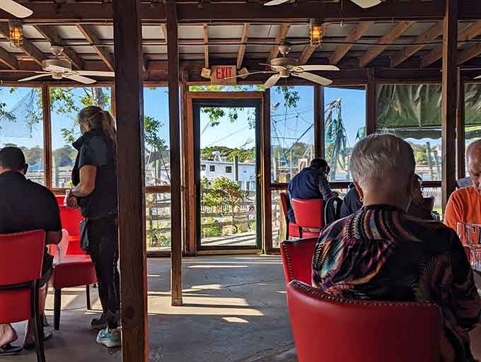 Sunlight streaming through the exit, beckoning you back to reality after your seafood-induced happy place experience.