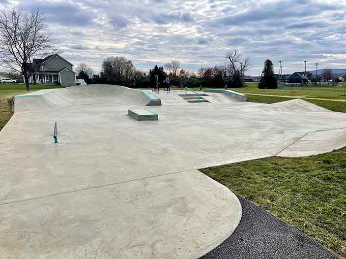 The skate park's curves and ramps offer thrills for local kids who prefer wheels to trails but still love the outdoors.