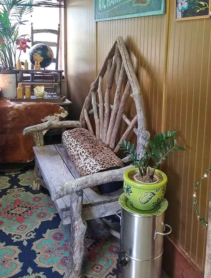 A handcrafted driftwood bench that's almost too beautiful to sit on, but you should anyway for photos.