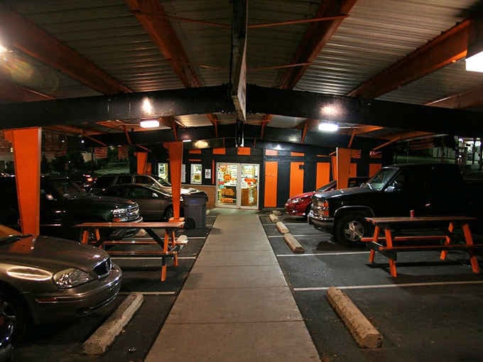 The covered parking area proves this place has been thinking about customer comfort since before air conditioning existed.