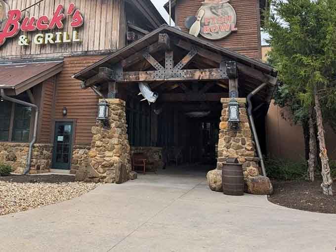 The rustic exterior promises adventure inside, like a fishing lodge that decided bowling was its true calling.