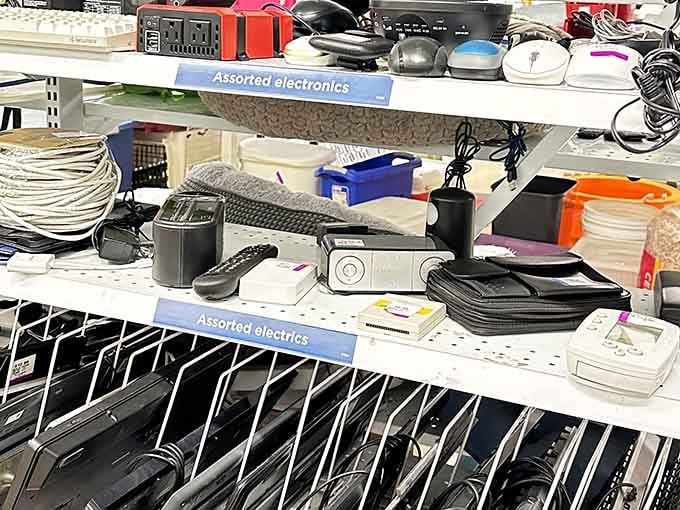 Electronics and gadgets line the shelves, because even technology deserves a second chance at usefulness and purpose.
