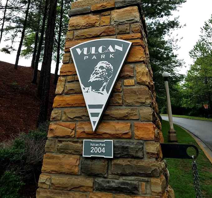 The park's entrance sign welcomes you to meet Birmingham's most famous resident, who's been standing here since your grandparents were young.