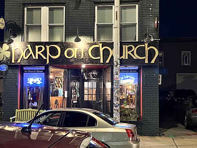 The Harp on Church glows at night, beckoning visitors inside for Irish hospitality and whatever's on tap tonight.