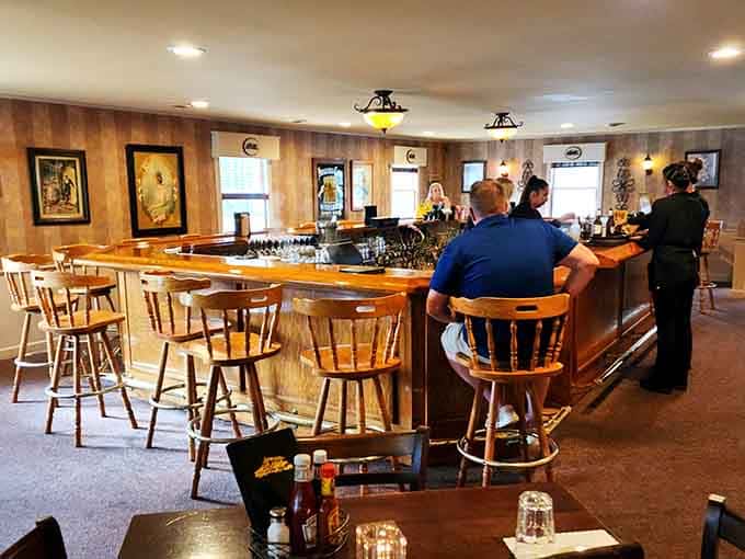 The bar area invites you to settle in with a drink while you wait for your table and contemplate life's important questions.