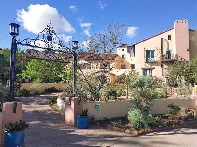 La Posada's elegant entrance and lush gardens showcase the kind of architectural grace that modern hotels have completely forgotten how to create.