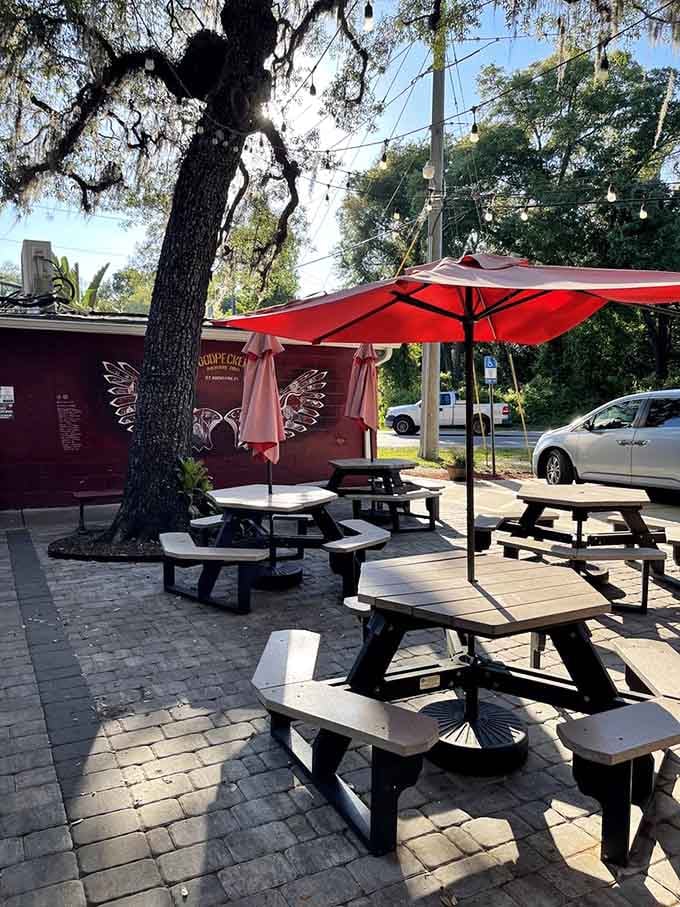 Outdoor seating under the trees where you can savor your barbecue while Spanish moss sways overhead like nature's own dining room.