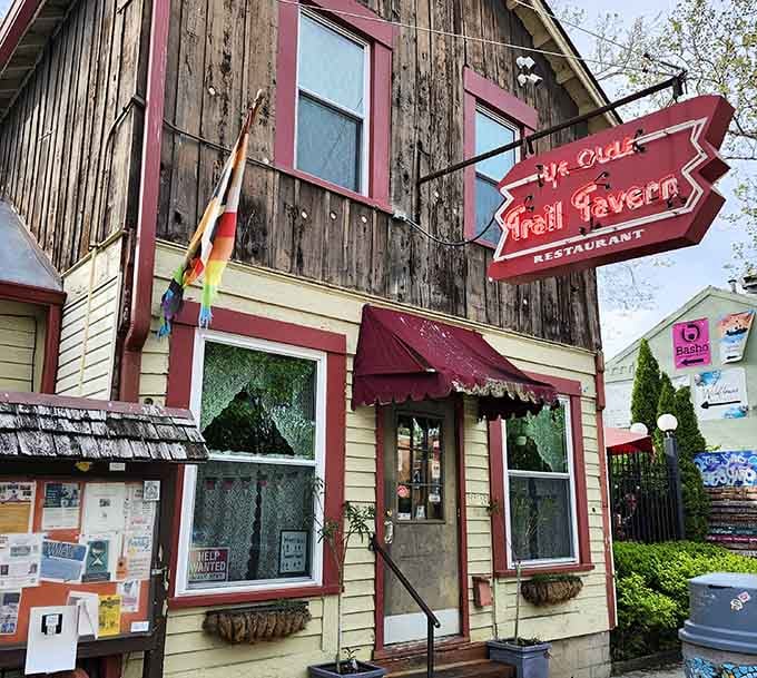 Ye Olde Trail Tavern wears its weathered wood like a badge of honor from decades of good times.