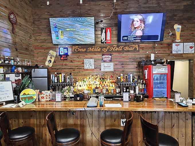 "One Mile of Hell Bar" isn't threatening&mdash;it's promising. This wooden wonderland of spirits stands ready to elevate your meal from great to legendary.