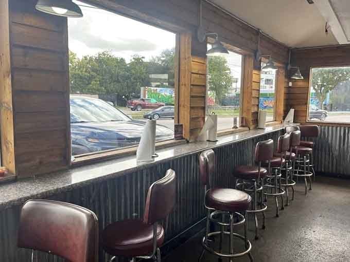 Counter seating with a view – where solo diners can contemplate life's mysteries while watching the parking lot fill with taco pilgrims.
