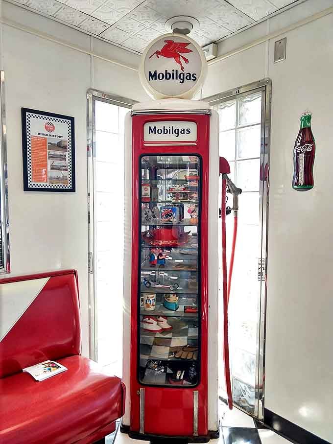 Vintage Mobilgas pump display&mdash;because the best diners understand that nostalgia is as important an ingredient as butter on the grill.