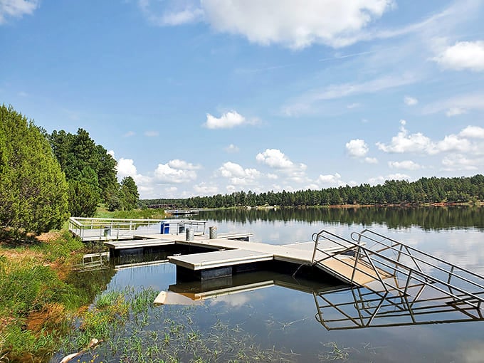 Fishing paradise engineered for accessibility. These well-designed docks ensure everyone gets a chance to tell tall tales about "the one that got away."