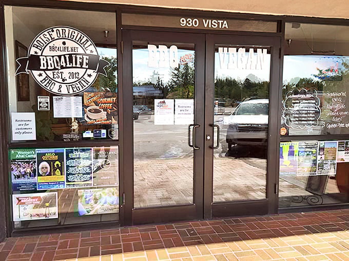 The entrance promises both BBQ and VEGAN options&mdash;a diplomatic solution to the eternal family restaurant debate.