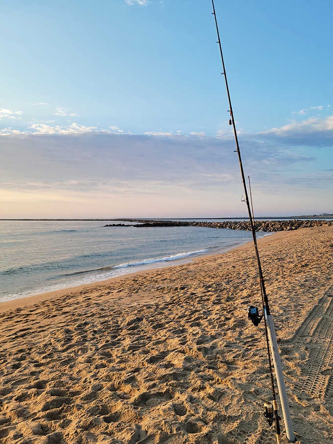 The quintessential sunrise ritual: a fishing rod, golden sand, and the promise that patience might be rewarded with both dinner and a soul-soothing view.