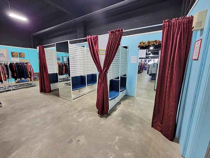 Fitting rooms with actual curtains&mdash;a luxury in thrift store world, where trying before buying transforms shopping from gamble to certainty.