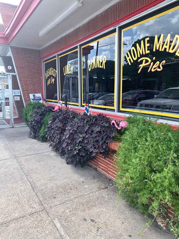 The storefront's flamingo decorations say, "We're serious about food, not so much about landscaping."