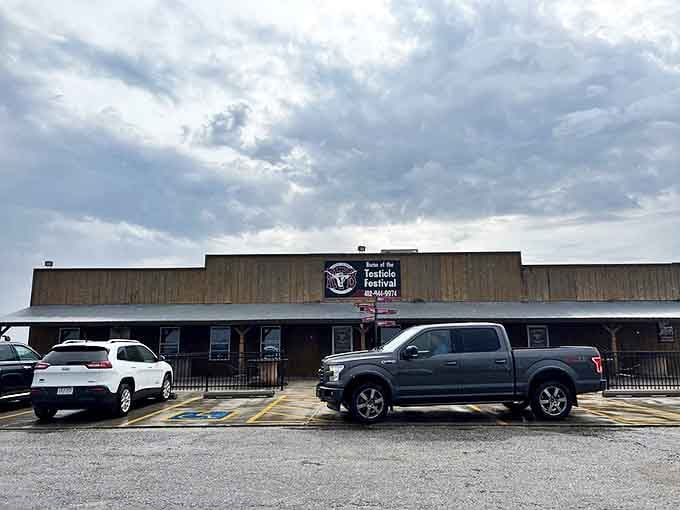 Even under cloudy skies, the steakhouse beckons hungry travelers. The trucks in the lot tell you everything you need to know.