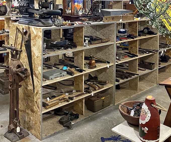 Tools that built America line these shelves – each worn handle and rusted edge representing craftsmanship from an era before planned obsolescence.