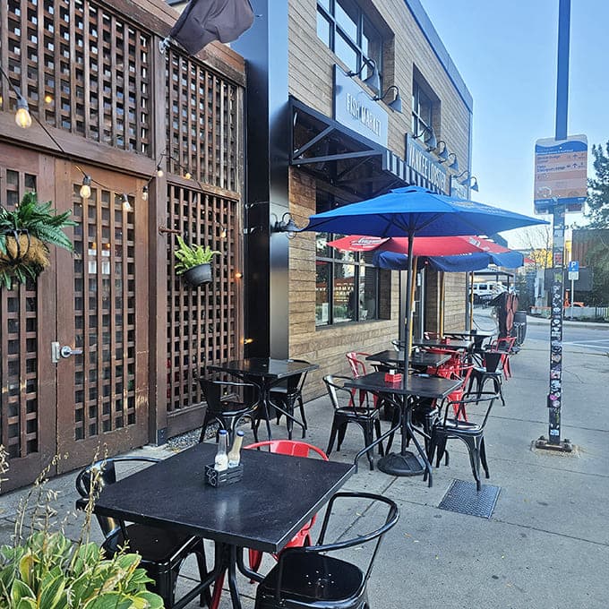 The outdoor seating area offers a front-row view to Boston's working waterfront - dinner and a show, New England style.