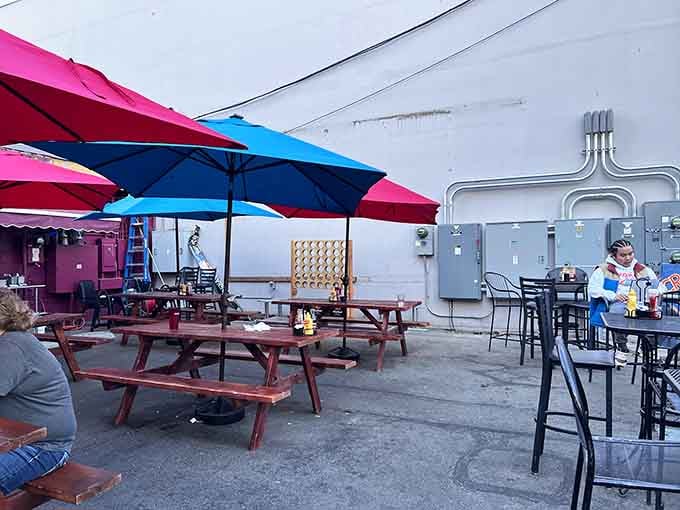 The patio might be simple, but those colorful umbrellas transform it into an outdoor oasis. In Alaska, any chance to dine al fresco is cause for celebration.