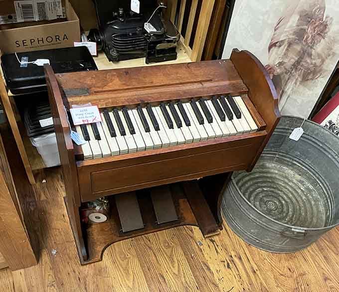 This portable pump organ represents an era when making music required actual skill, not just pressing buttons.