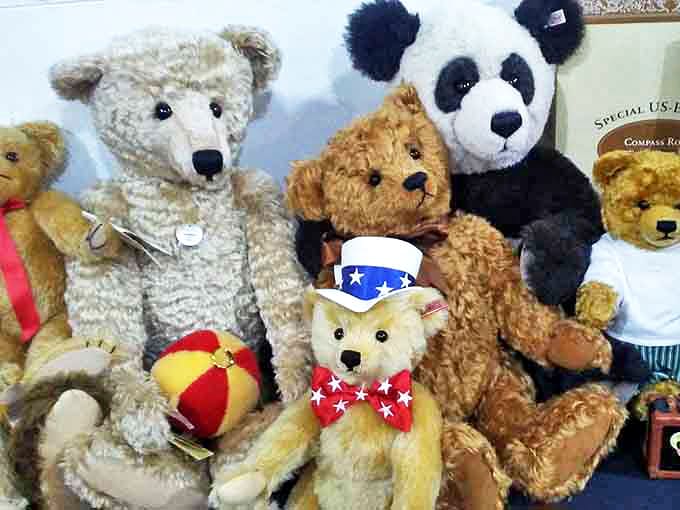 Teddy bears with the thousand-yard stare of plush toys that have seen things. That patriotic little fellow has stories to tell.