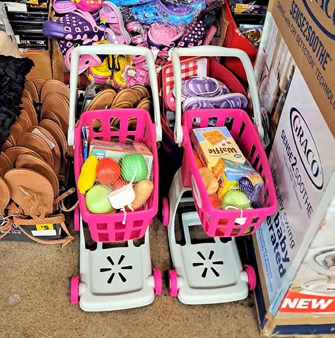 Toy shopping carts for the little ones, because teaching them to treasure hunt starts early around here.