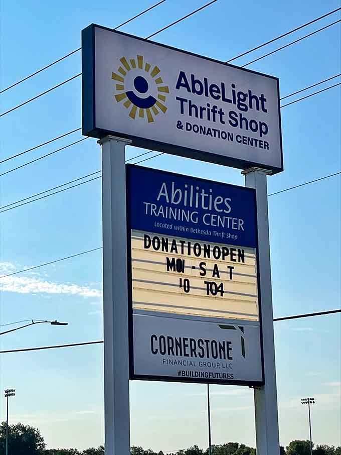 The sign promises donations welcome, because one person's "I'm done with this" is another's "I need this now."