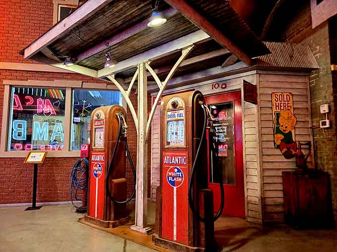Step into a recreated vintage gas station complete with Atlantic pumps, when filling up meant full service and conversation.