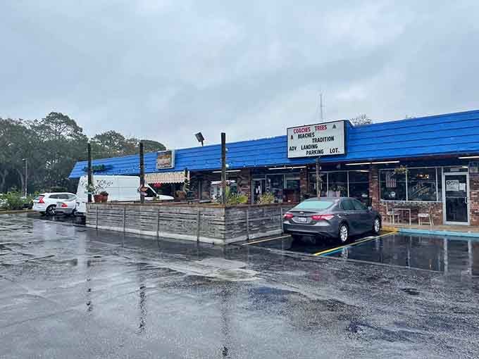 Rain or shine, that blue building stands ready to feed hungry beach-goers and locals alike.